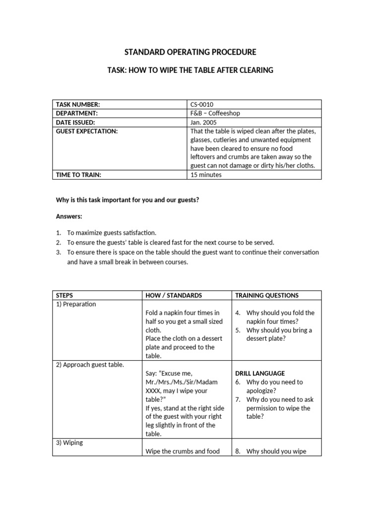 SOP Task How to Wipe the Table After Clearing CS-0010 | PDF | Chess ...