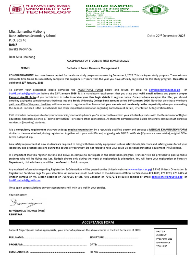 Maibong Samantha Acceptance Offer Letter For BFRM 1 2026 | PDF ...