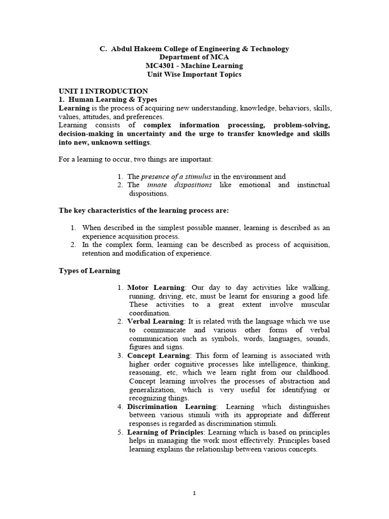 MC4301 - ML Unit Wise Important Topics | PDF | Machine Learning ...