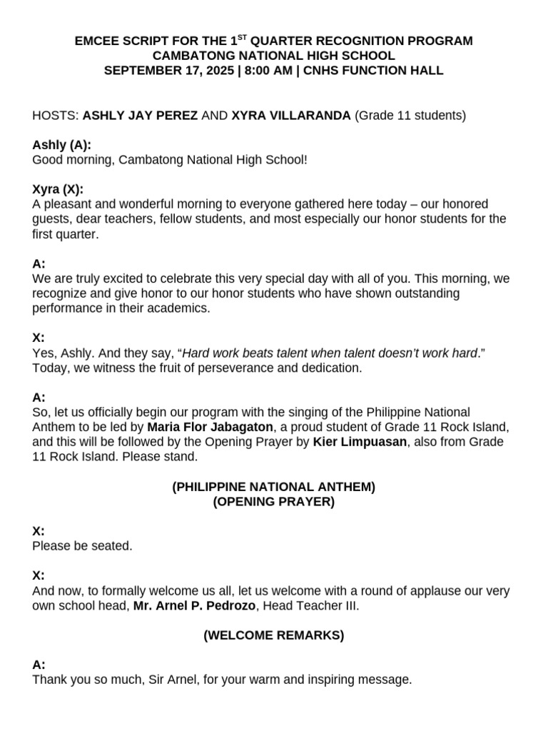 Emcee Script For The 1st Quarter Recognition Program | PDF