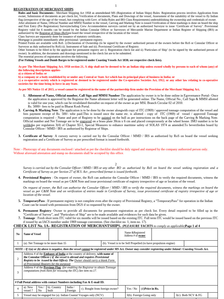 Check List No. 1A - Regn of Merchant Ships - Private Owner in Progress ...
