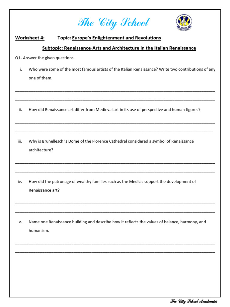 Worksheet 4- Renaissance-Arts and Architecture in the Italian ...