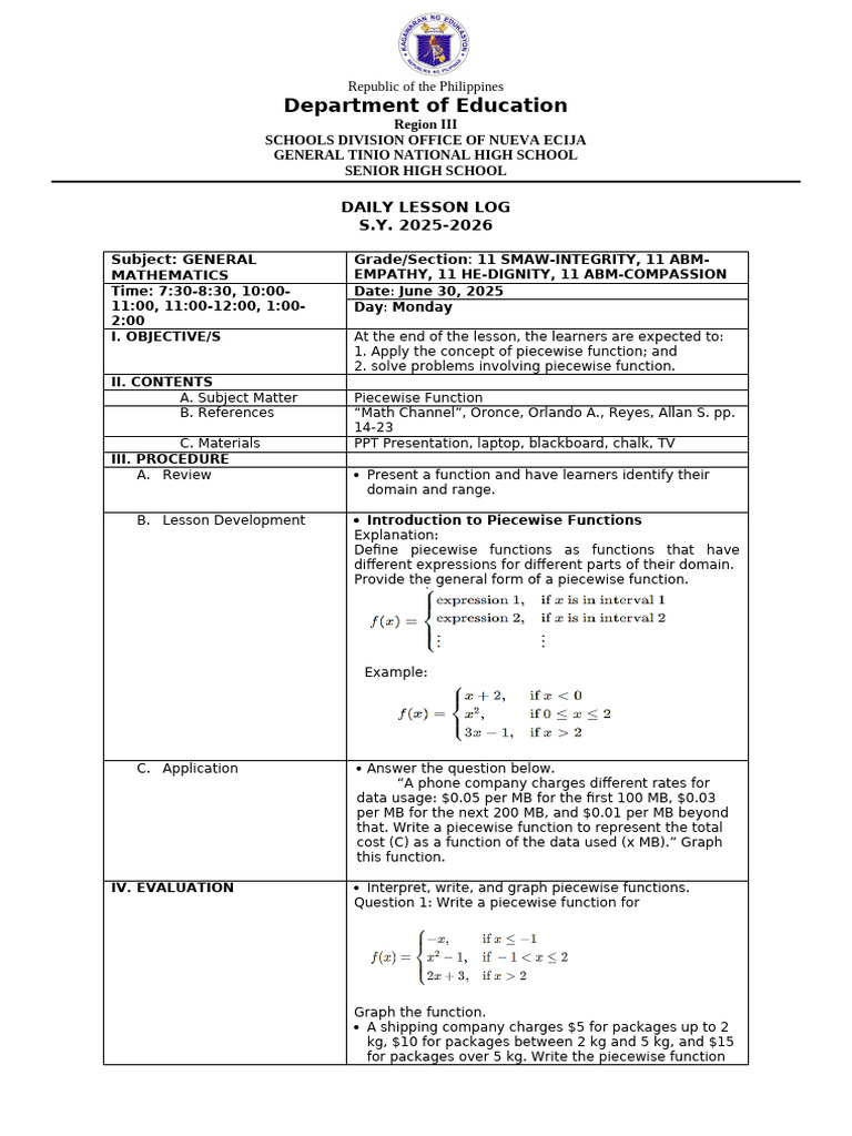 DLL Gen Math Week 3 | PDF | Function (Mathematics) | Elementary Mathematics