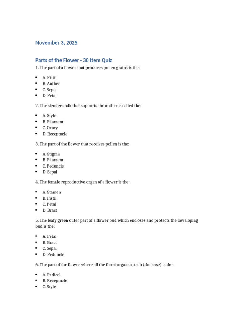 Parts of The Flower Quiz | PDF | Flowers | Petal