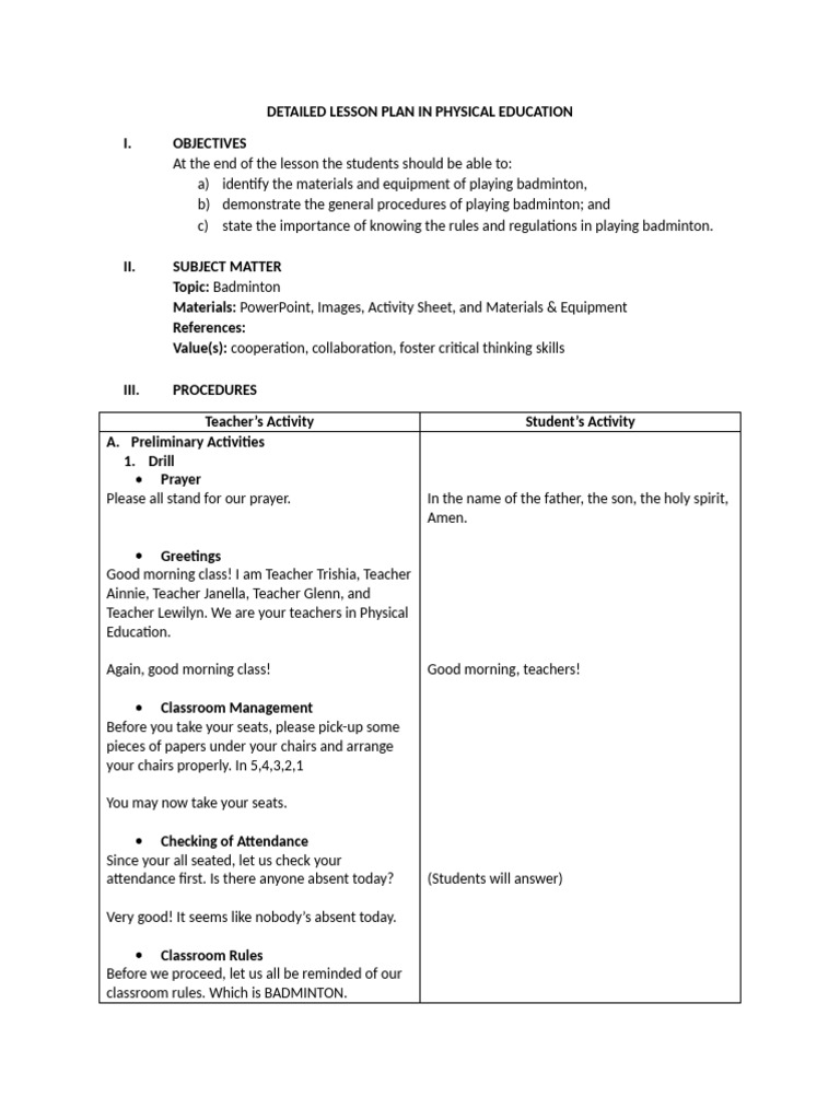 Detailed Lesson Plan in Physical Education | PDF