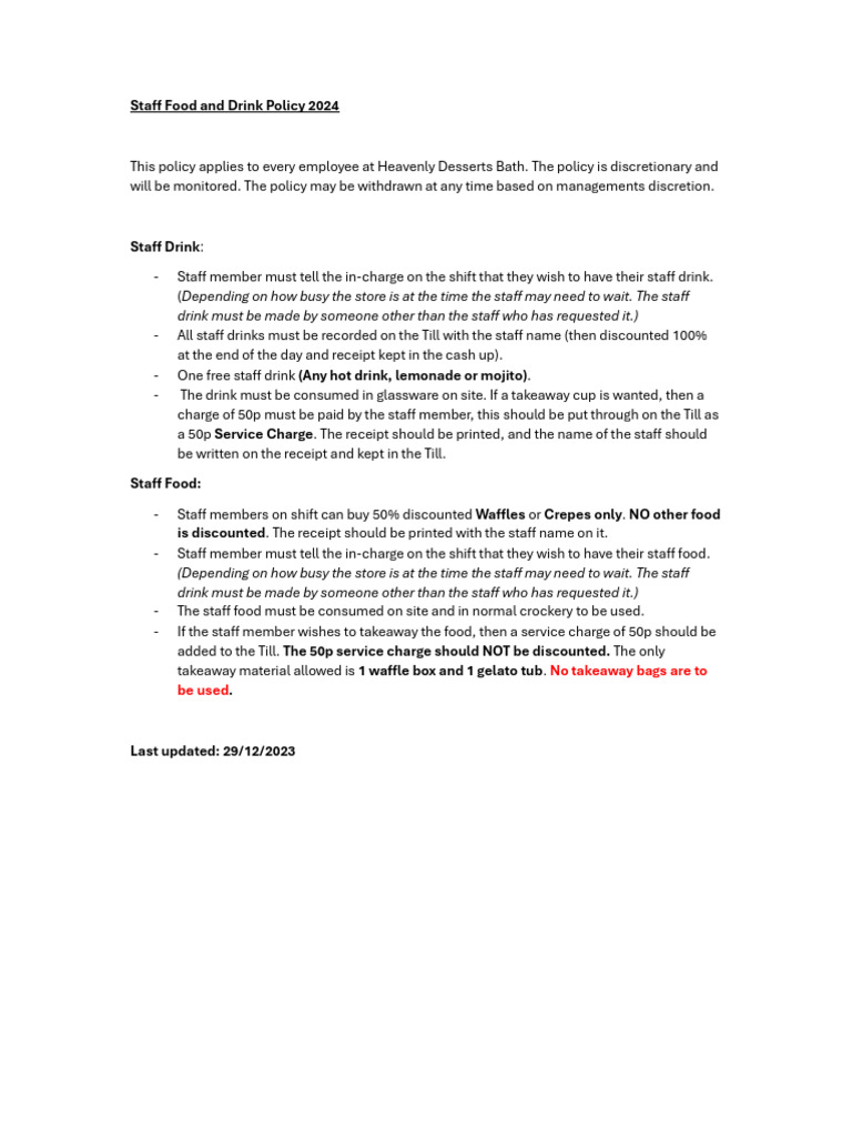 Staff Food and Drink Policy 2024-1 | PDF