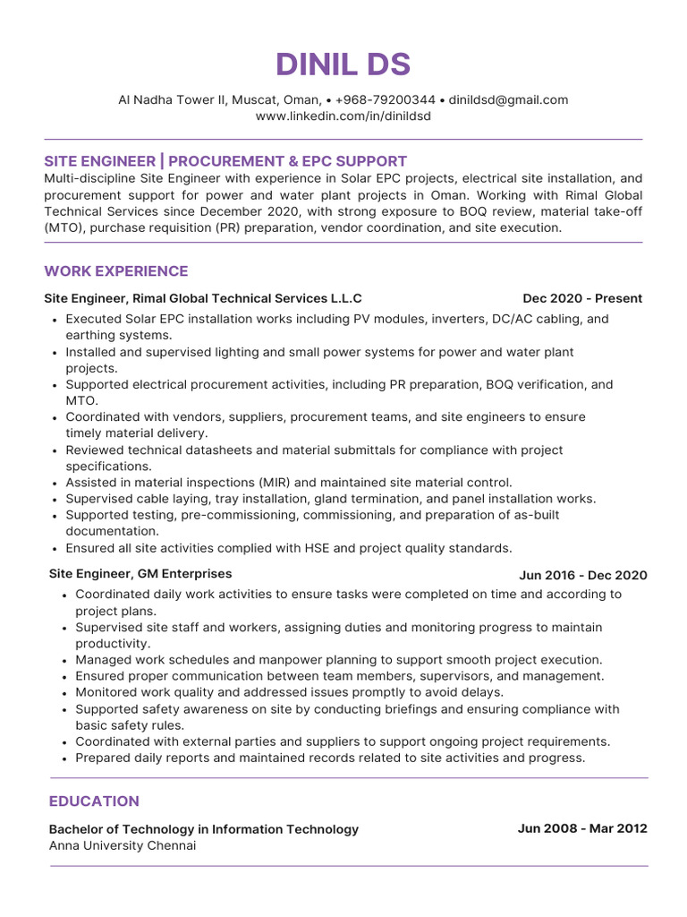 Dinil Resume Multi Discipline Procurement and Site Engineer-2 | PDF ...