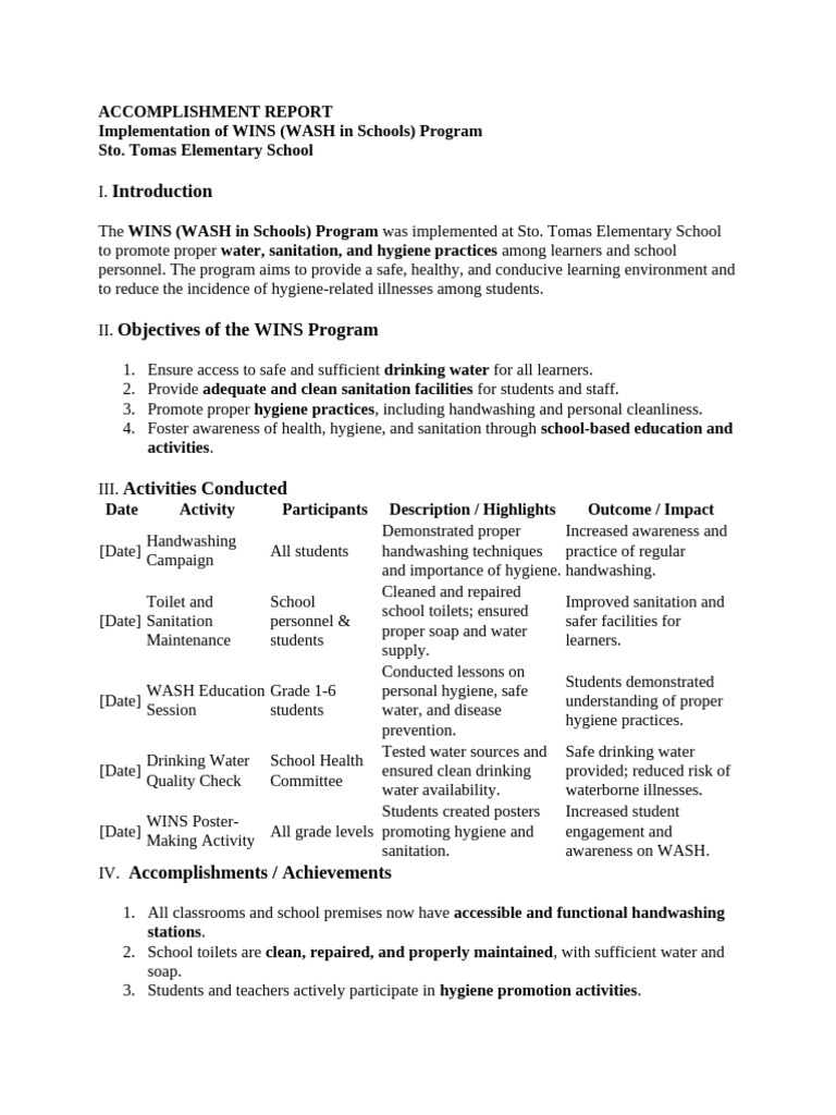 Wins Accomplishment Report | PDF | Wash | Hygiene