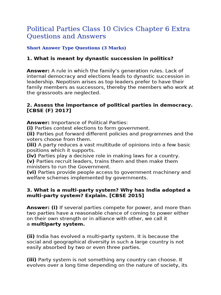 Political Parties Class 10 Civics Chapter 6 Extra Questions and Answers ...