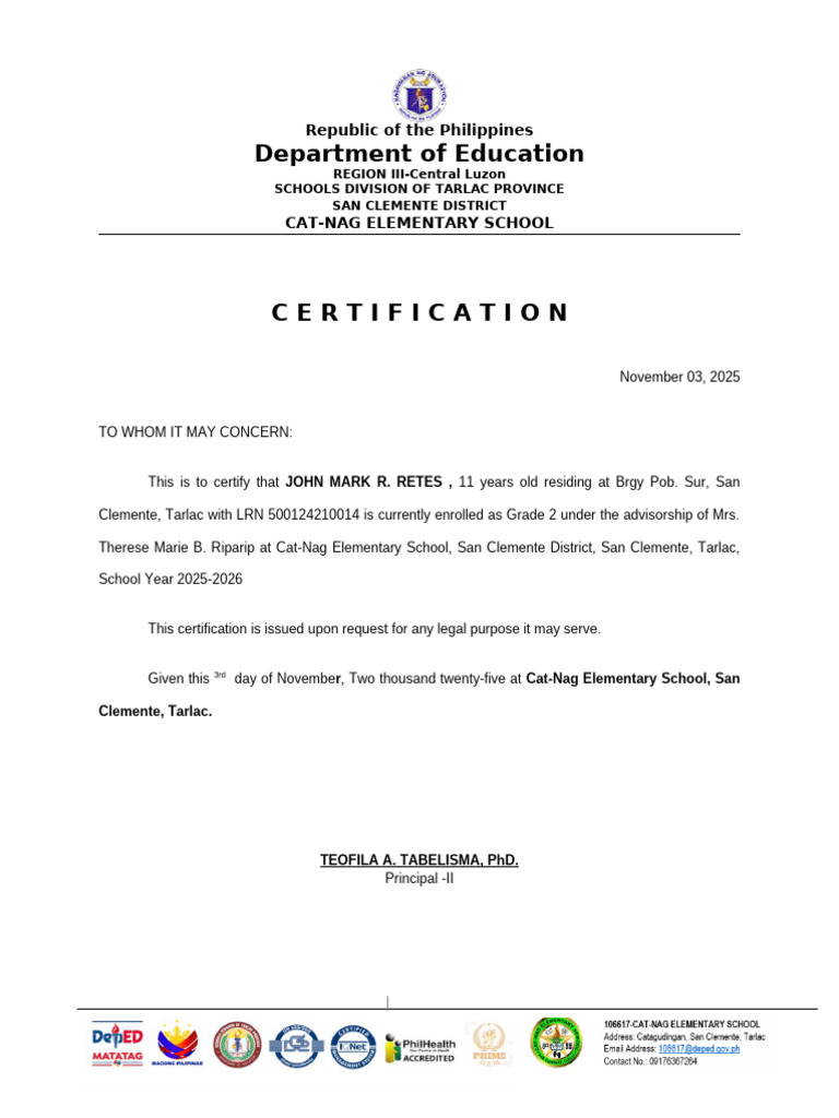 Certificate of Enrolment 2017-2018 | PDF