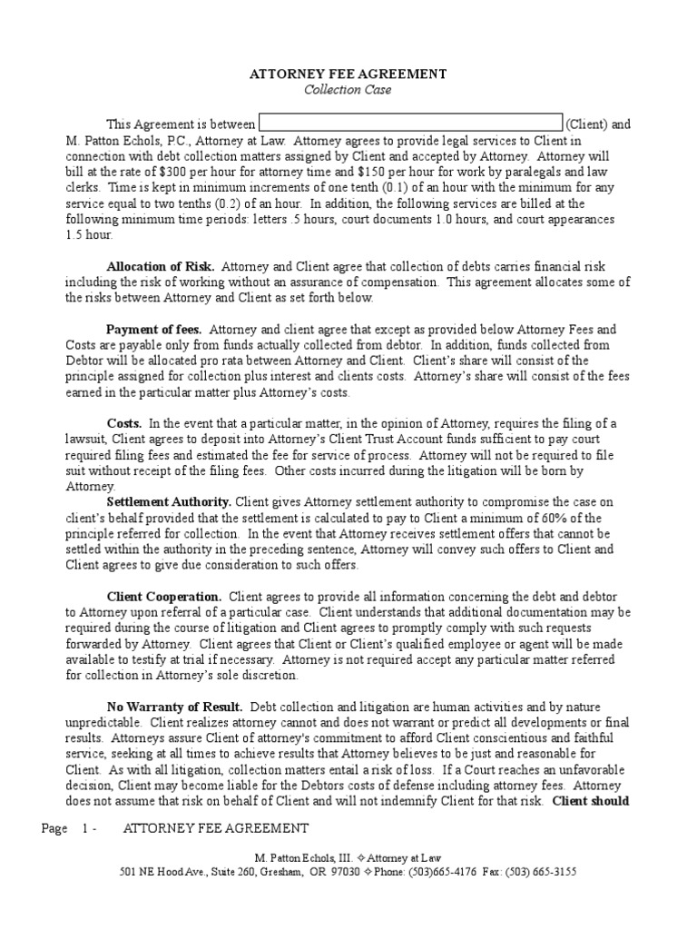 Collection Fee Agreement | Collection Agency | Lawyer