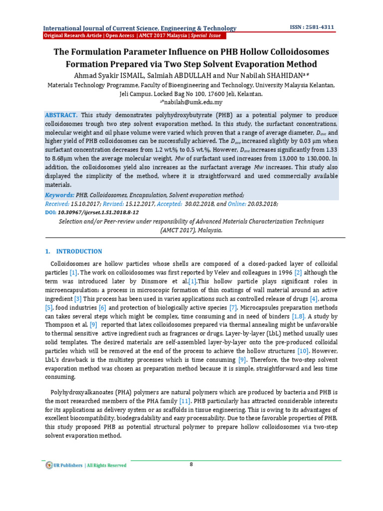 The Formulation Parameter Influence on PHB Hollow Colloidosomes ...
