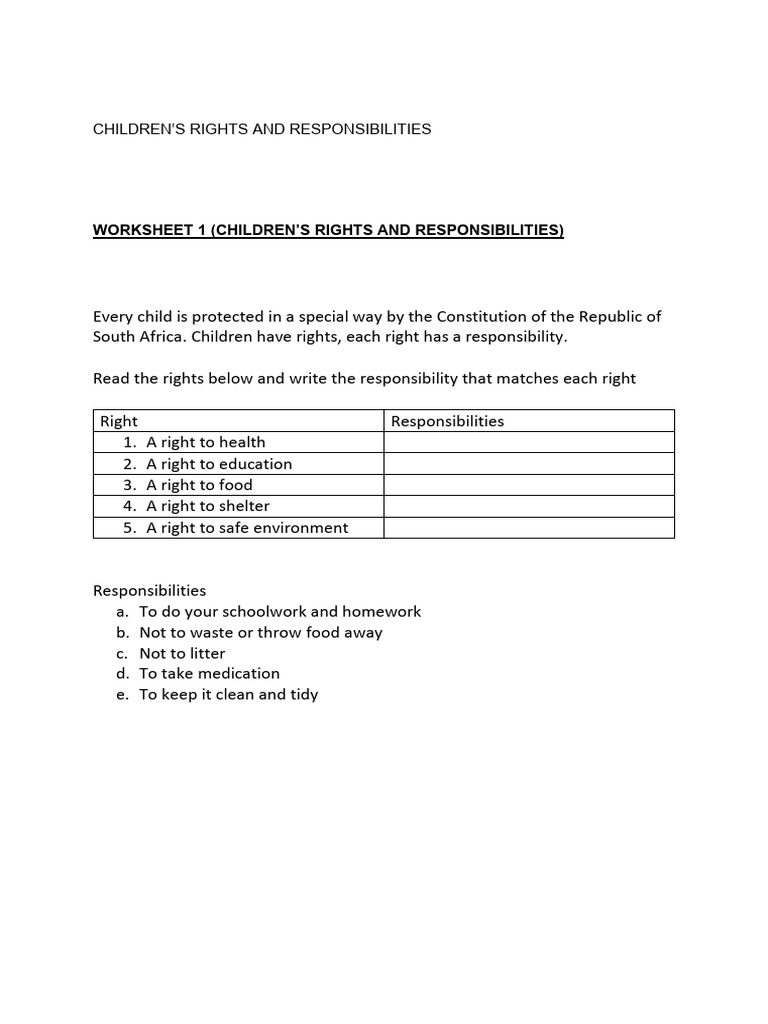 Grade 4 - Activity - (Rights and Responsibilities) | PDF