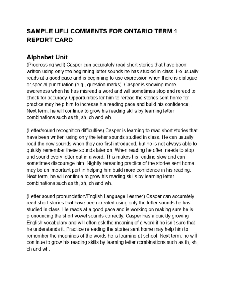 UFLITerm1Sample - Report Card Comments | PDF | English Language ...