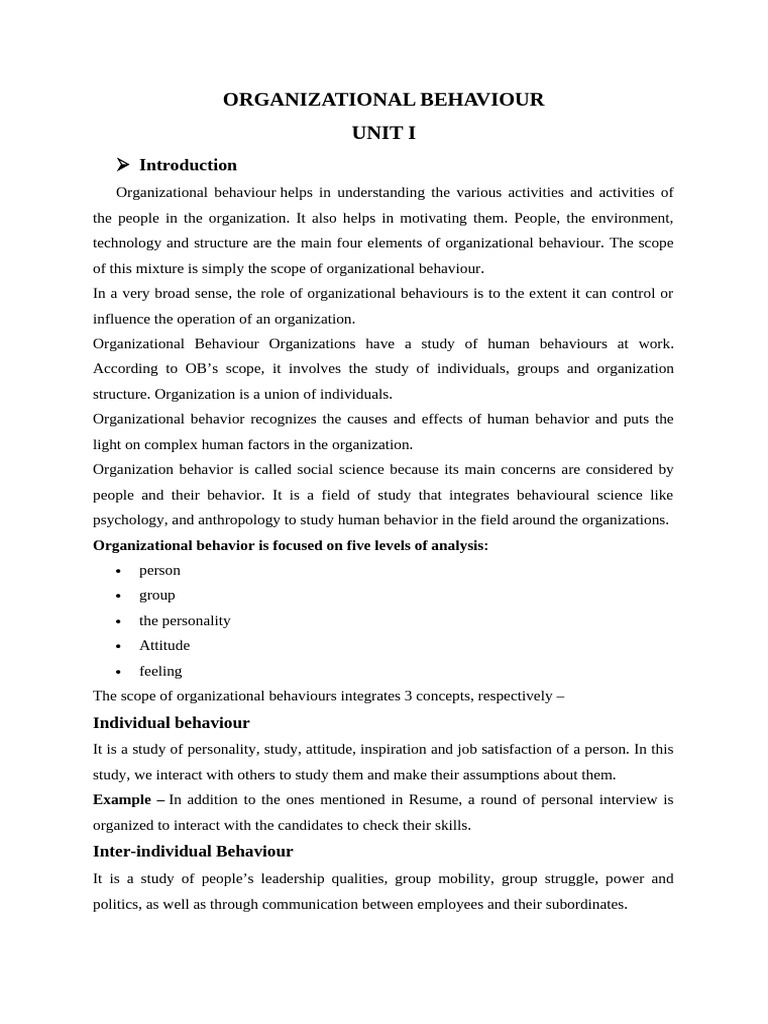 UNIT - 1 Organisational Behaviour | PDF | Organizational Behavior ...