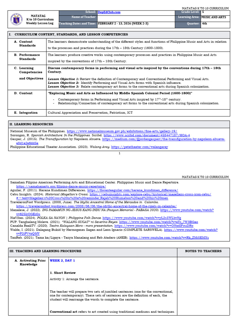 DTC - DLL Matatag - Music&arts 5 q4 w2-3 | PDF | Curriculum | Teachers
