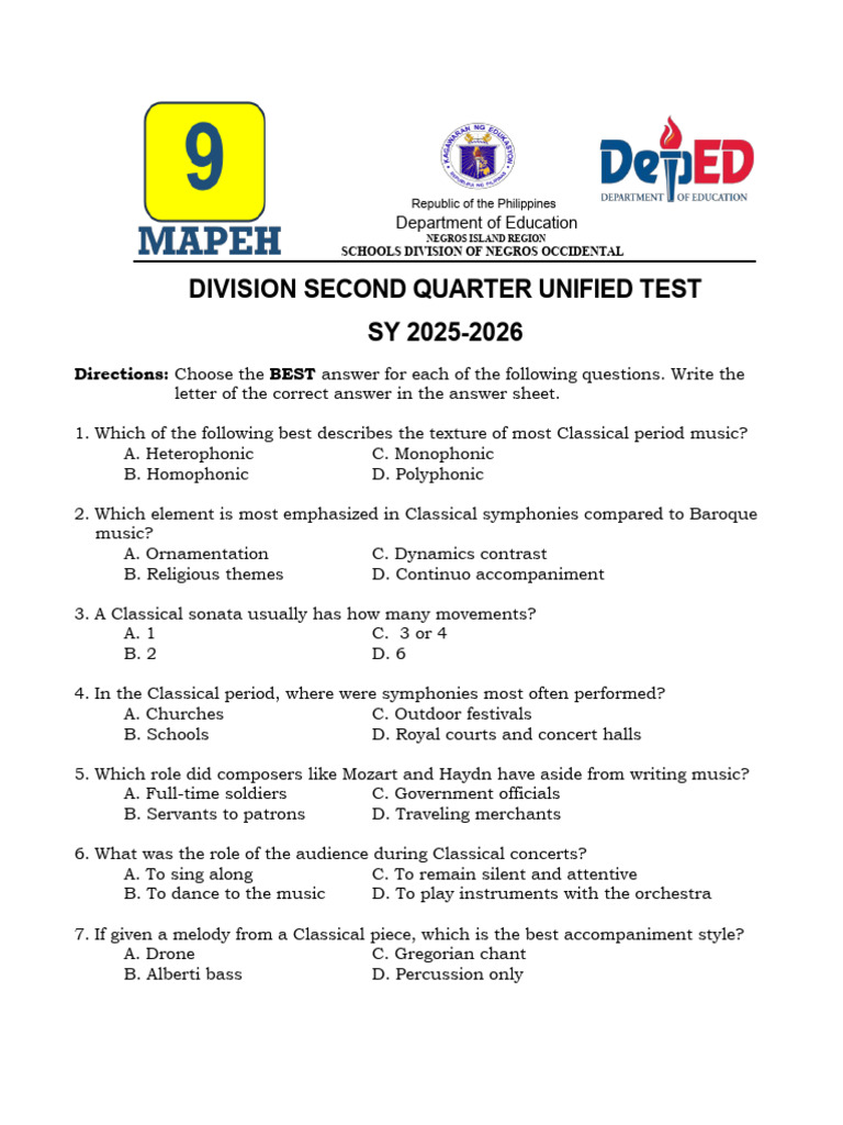 Grade 9 - MAPEH Division Unified Test | PDF | Classical Period (Music ...