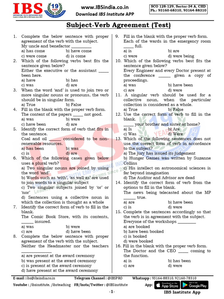 Subject Verb Agreement Test.docx | PDF | Grammatical Number | Verb