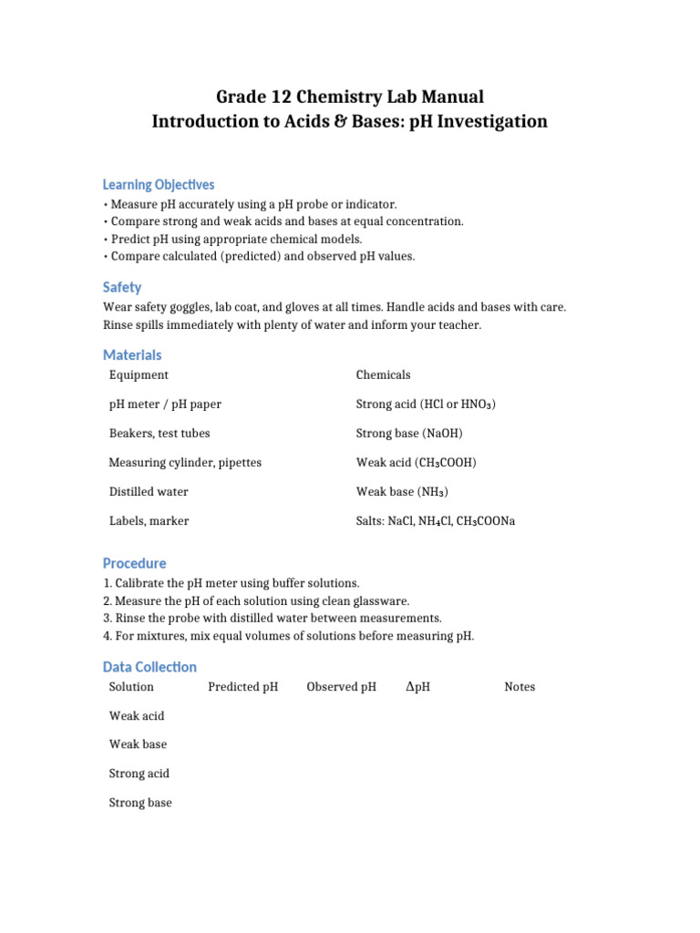 Grade 12 Acids Bases PH Lab Manual | PDF