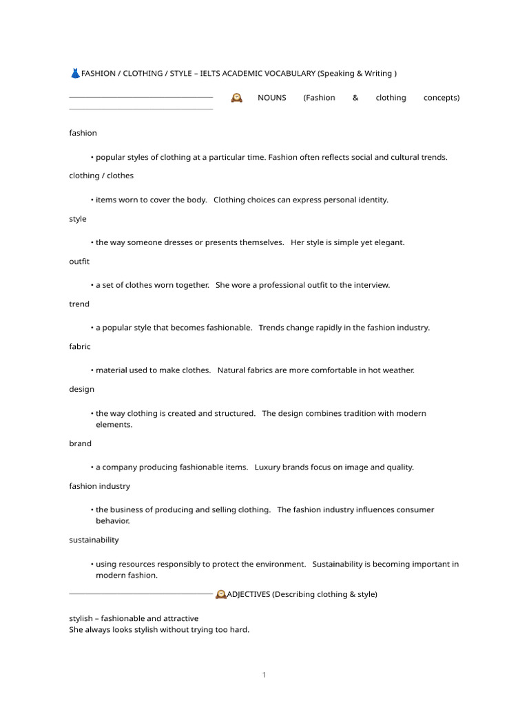 Fashion, Clothing & Style Vocabulary | PDF | Fashion | Clothing