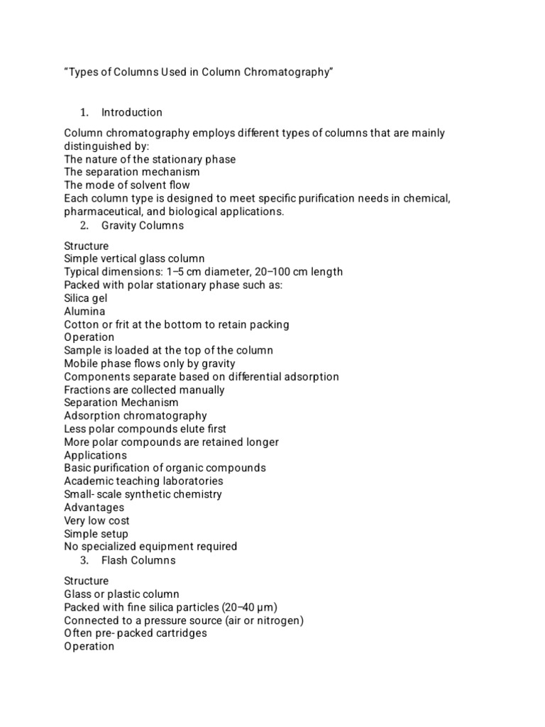 Types of Columns Used in Column Chromatography | PDF
