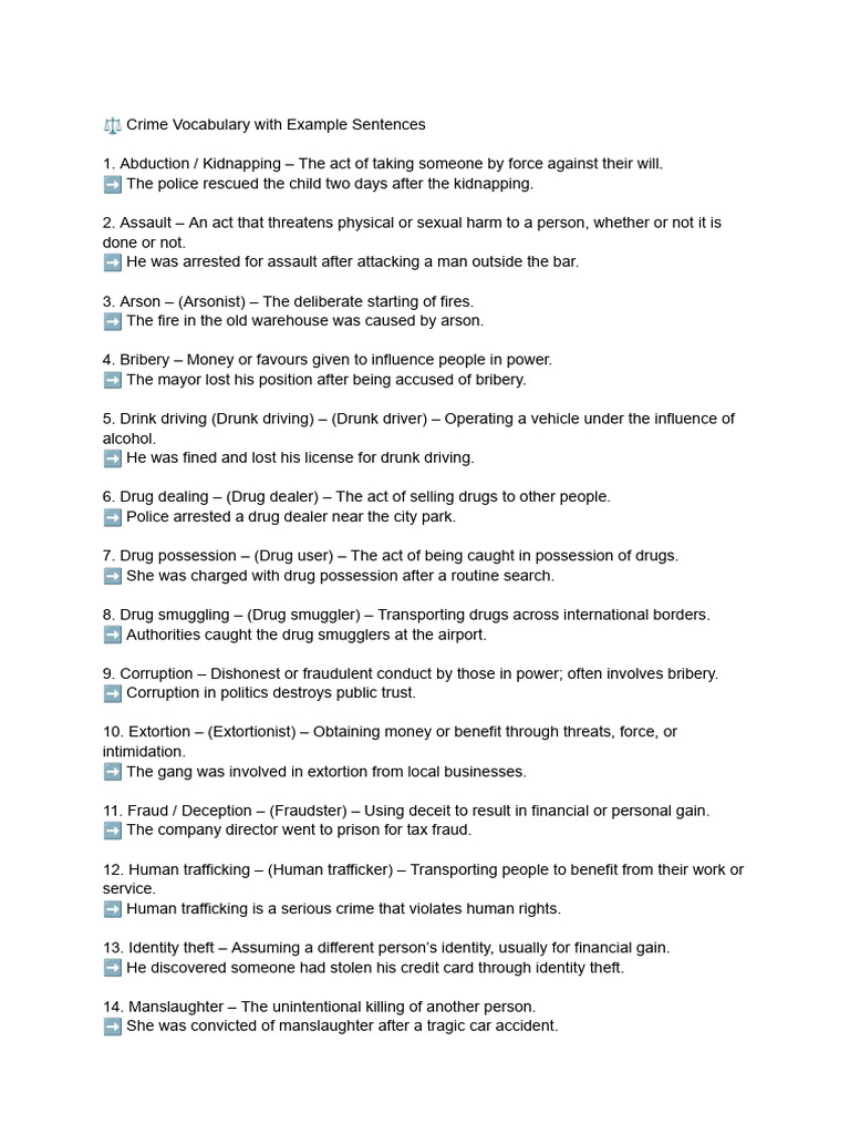 Crime Vocabulary With Example Sentences | PDF | Robbery | Theft