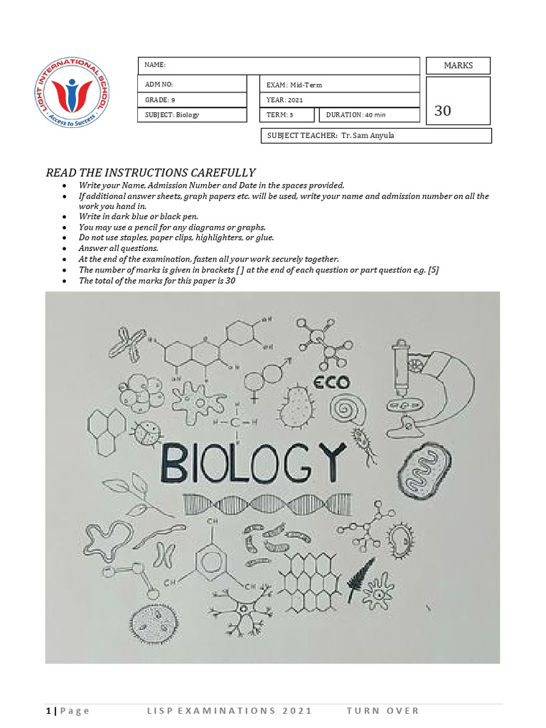 Year 9 Biology MidTerm III Exam 2021 (1) | PDF | Pathogen | Bacteria