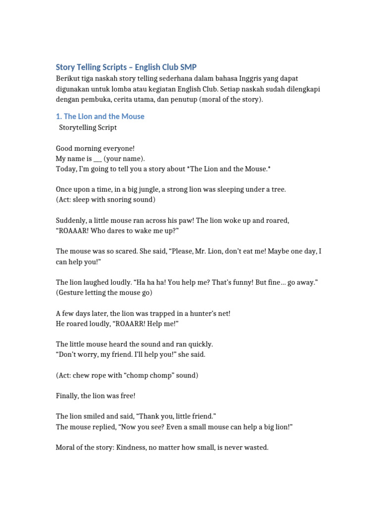 Story Telling Scripts English Club SMP | PDF