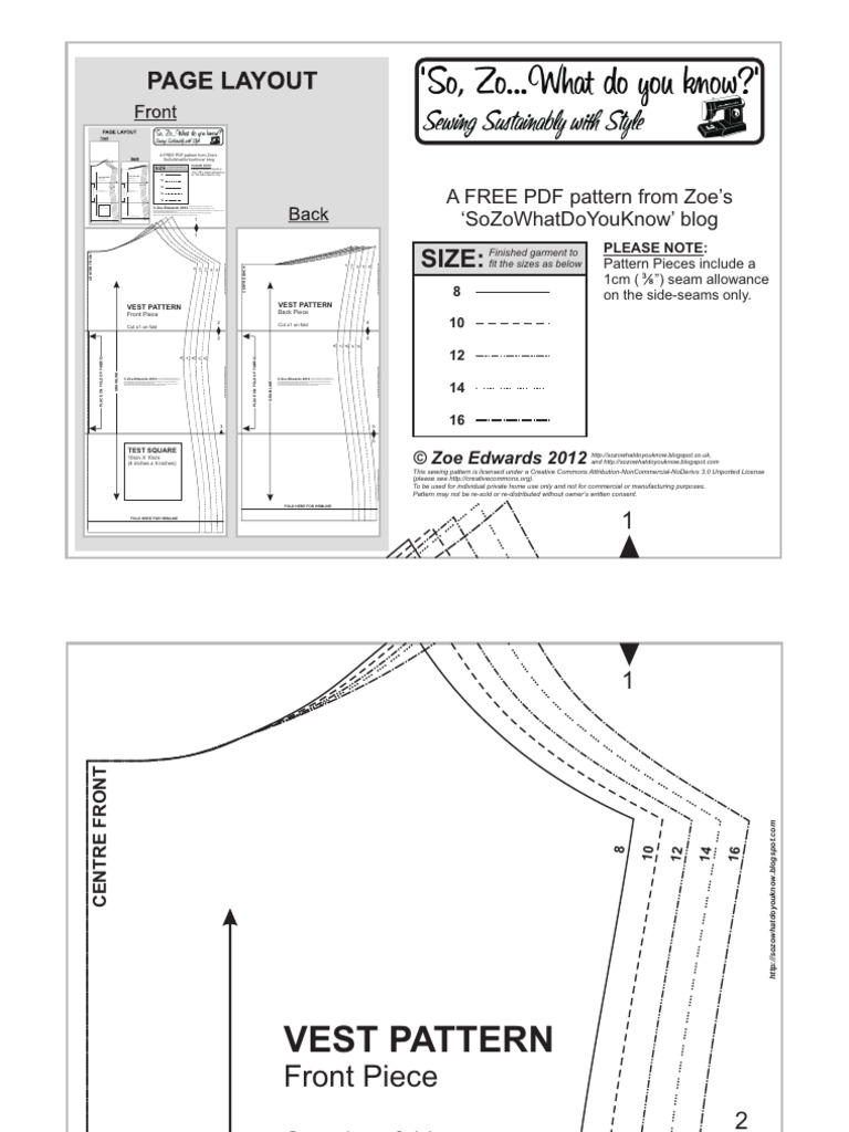 So Zo Blog Vest Pattern | PDF | Sewing | Textile Arts