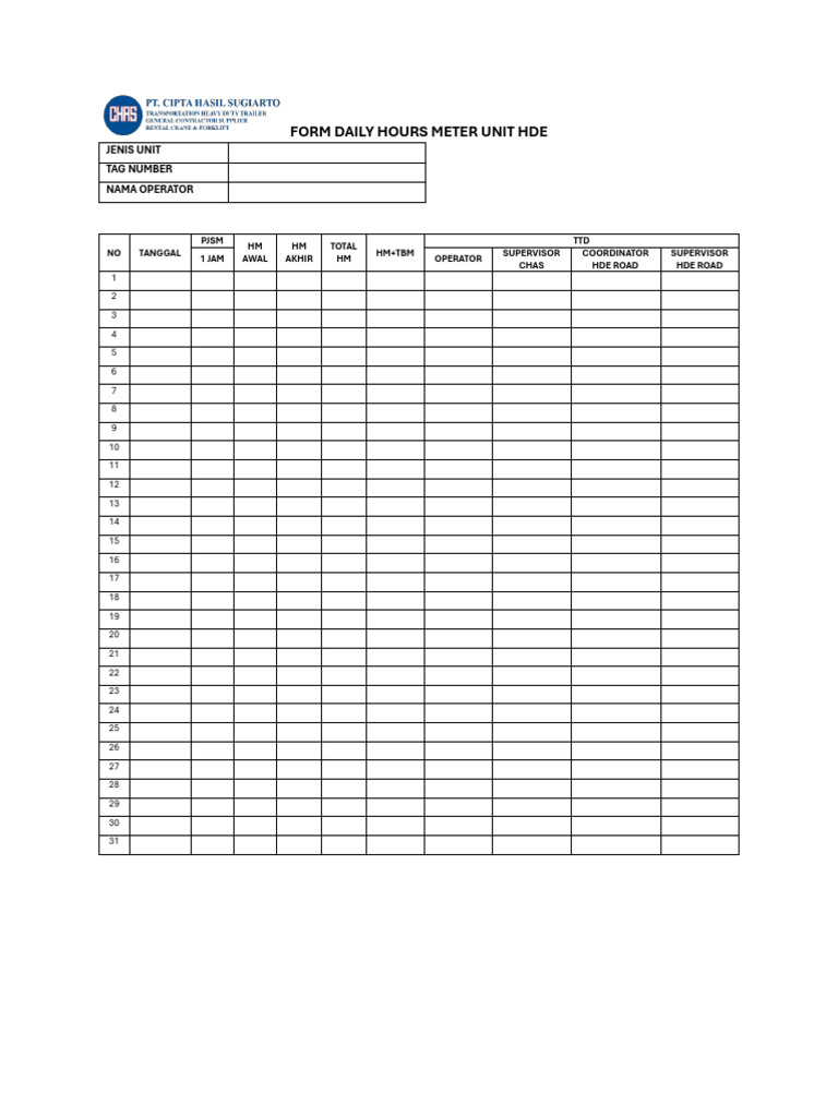 Form Daily Hours Meter Unit Hde | PDF