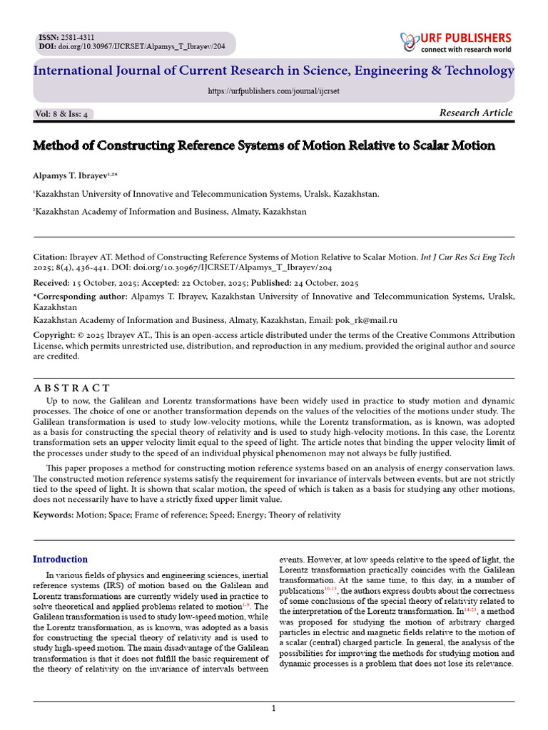 Method of Constructing Reference Systems of Motion Relative to Scalar ...
