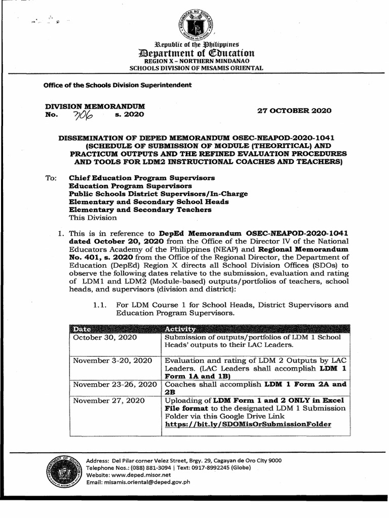 Dm306s.2020 Dissemination of Deped Memorandum Osec-Neapod-2020-1041 ...