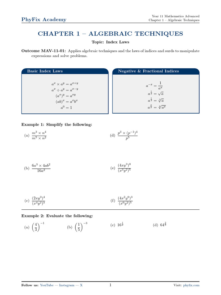 PhyFix Academy Year 11 Mathematics Advanced Chapter 1 – Algebraic ...