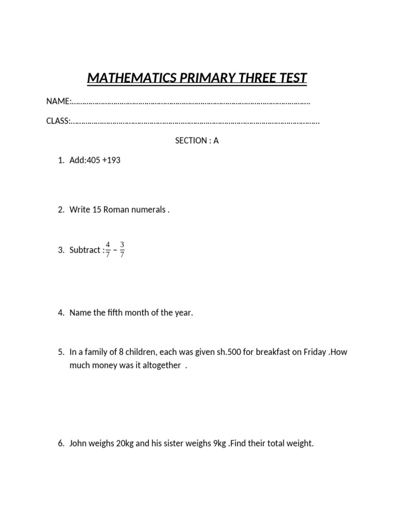 Mathematics Primary Three Test | PDF