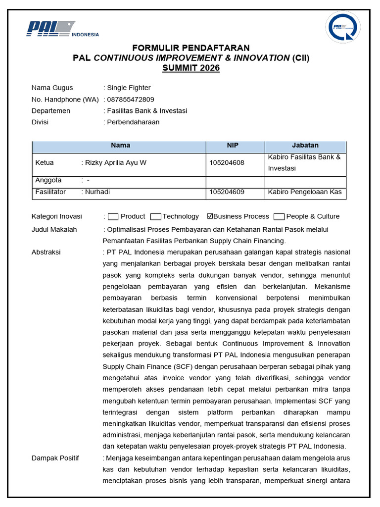 Form Pendaftaran PAL CII Summit 2026 | PDF