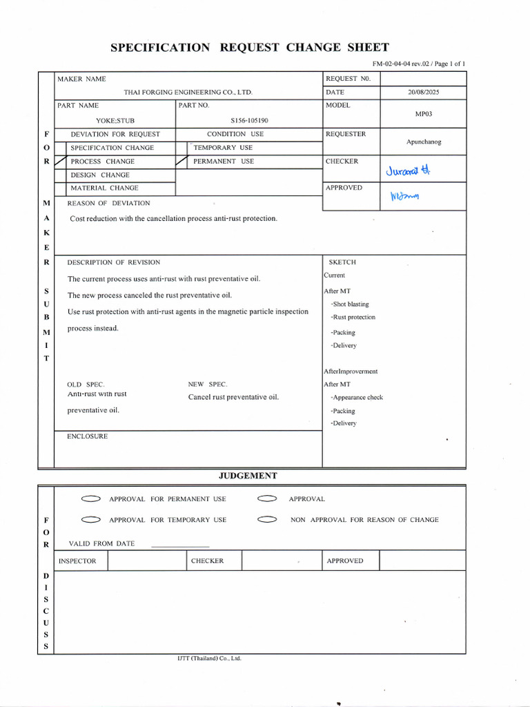 Specification Request Change Sheet (YOKE STUBS,156-105190) Cost ...