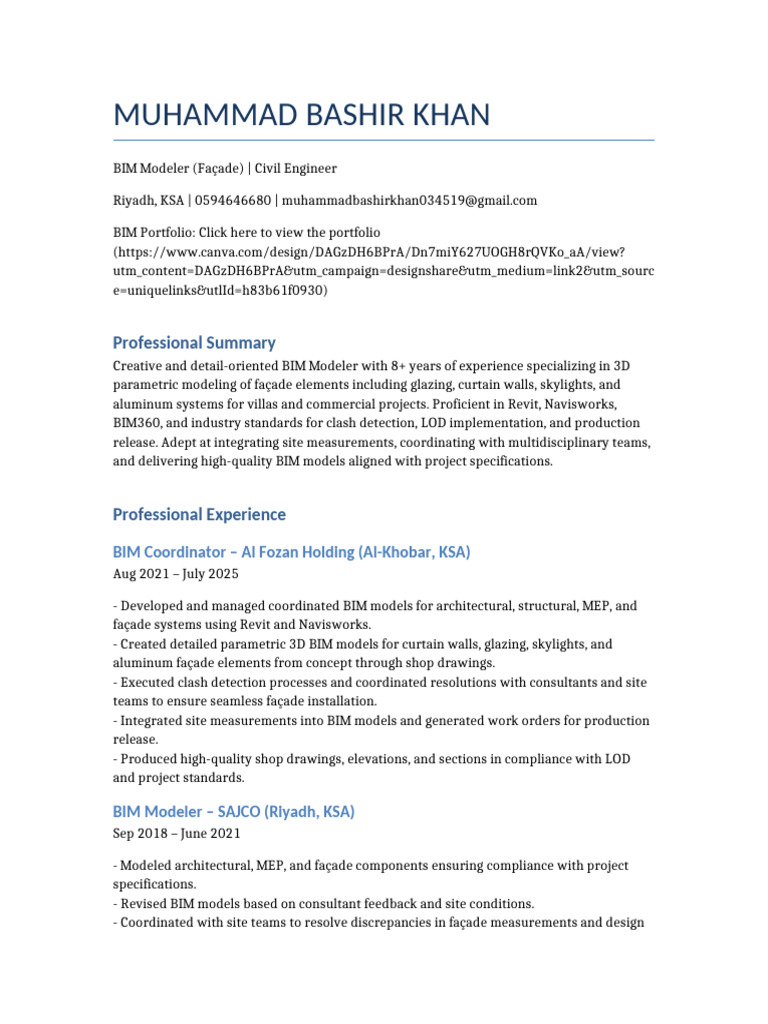 Muhammad_Bashir_Khan_BIM_Modeler_Facade_CV | PDF | Autodesk Revit ...