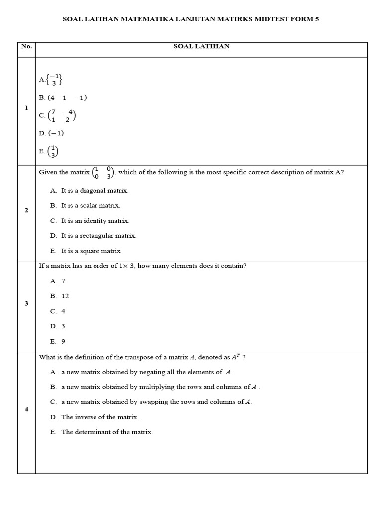 Latihan Soal Midtest Matematika Matriks f5 | PDF | Matrix (Mathematics ...