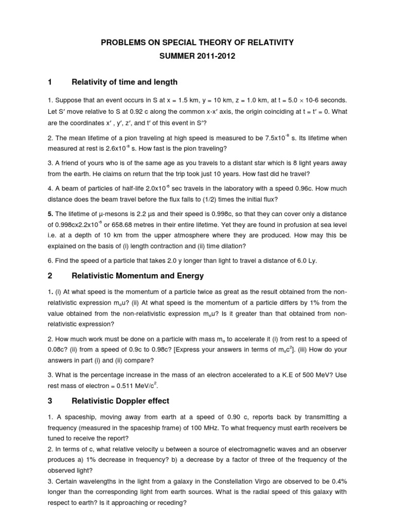 Problem Sheet of Relativity-Summer 2011-12 | PDF | Special Relativity ...
