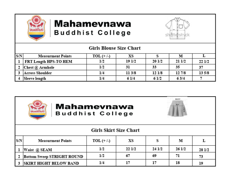 Grade 6 Girls Uniform Sample Sze Chart New | PDF