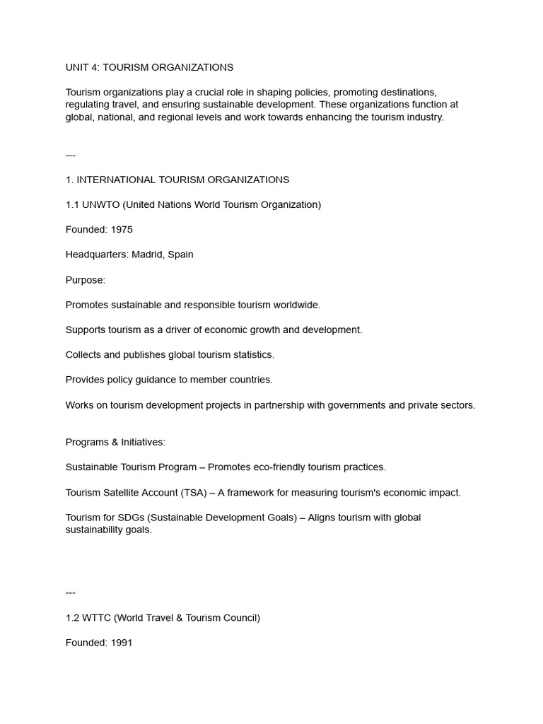 Unit 4- Tourism Organizations | PDF | Tourism | Economies
