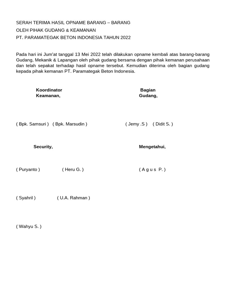 Serah Terima Hasil Opname Barang | PDF