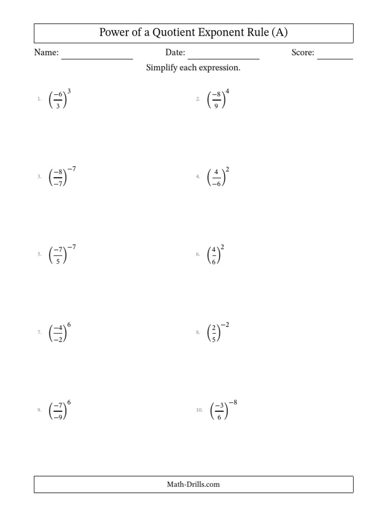 Algebra Exponent Rules Power of Quotient Negative 001.1739984942 | PDF ...