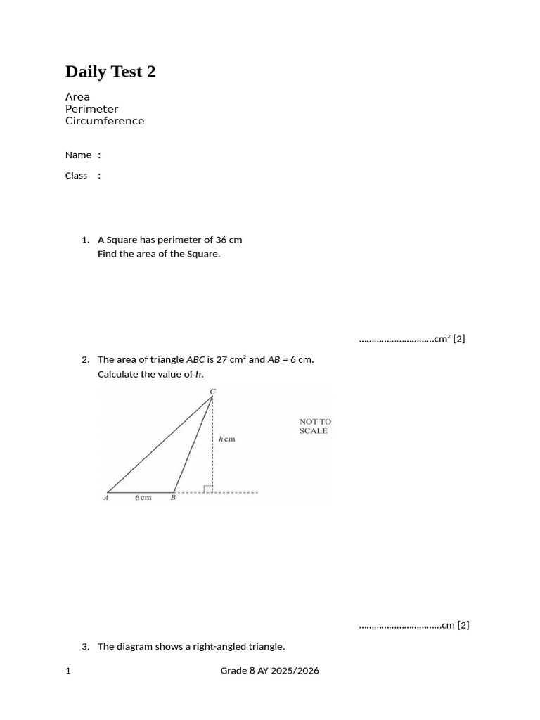 Daily Test 2 Math Grade 8 AY 25 | PDF | Area | Euclidean Geometry
