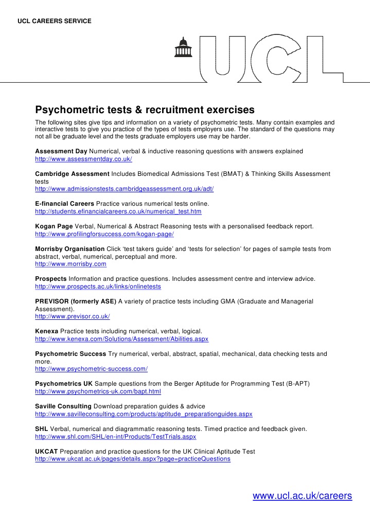 Psychometric Test Resources at UCL | PDF