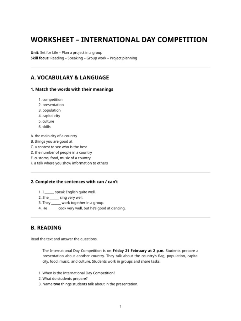 International Day Competition – Worksheet | PDF | Linguistics | Chess ...