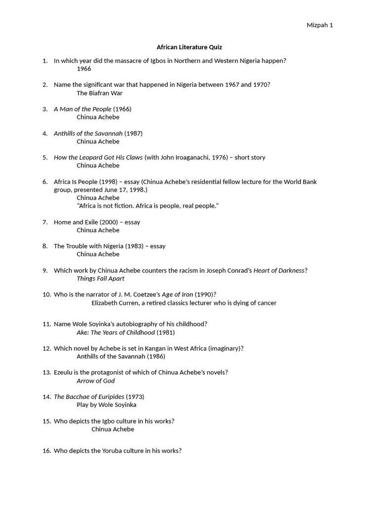 African Literature Q&A by Mizpah 2 | PDF | Novels | African Literature