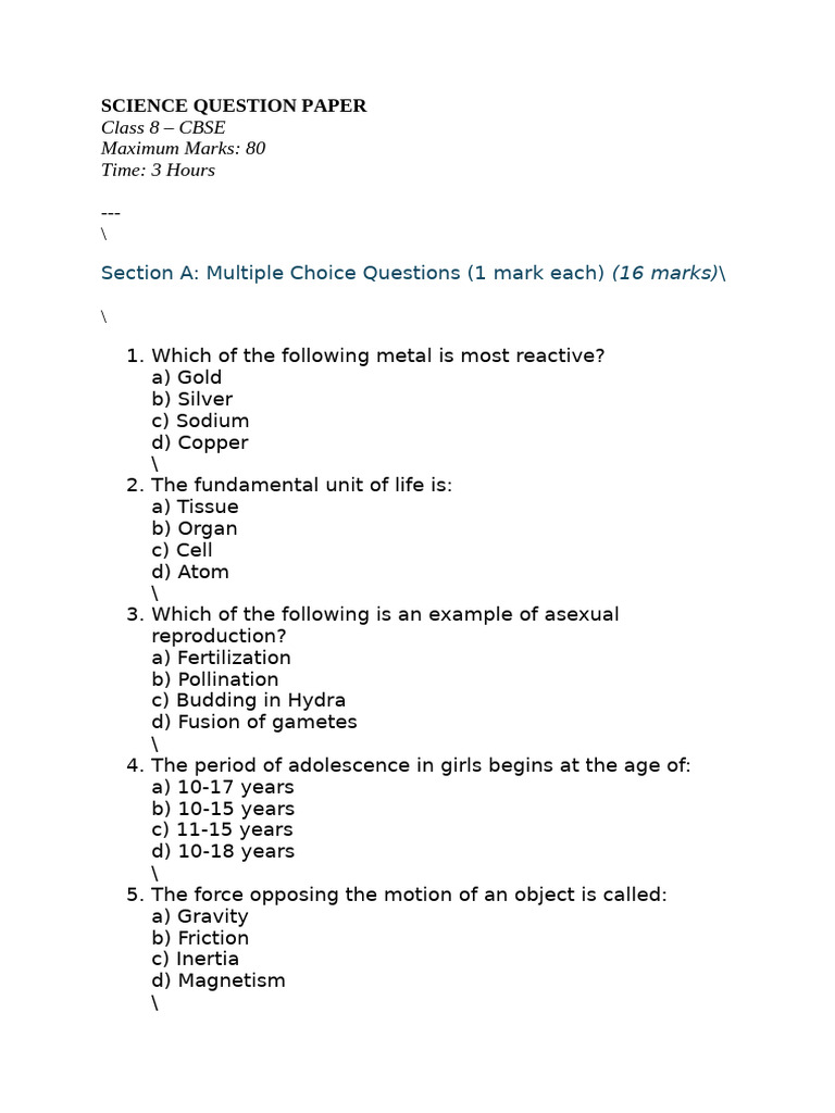 Science Revision Paper Class 8th | PDF | Diet (Nutrition) | Diet ...