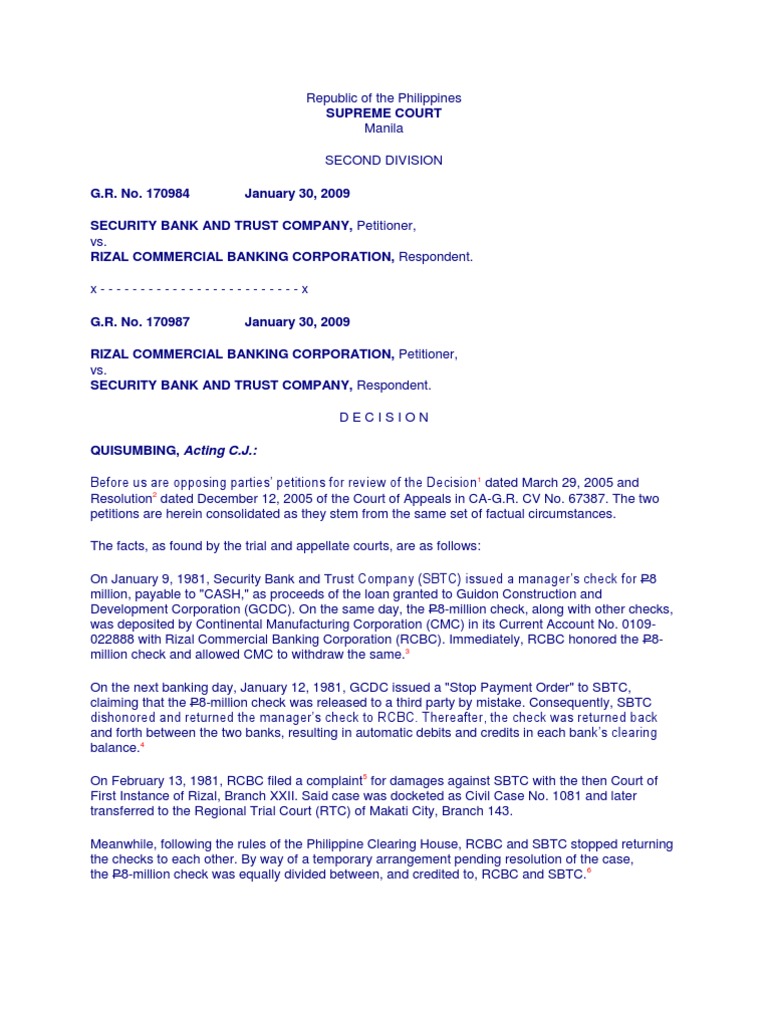 Security Bank and Trust Company v. RCBC | PDF | Cheque | Damages