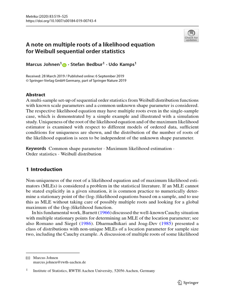 A Note on Multiple Roots of a Likelihood Equation for Weibull SOS | PDF ...